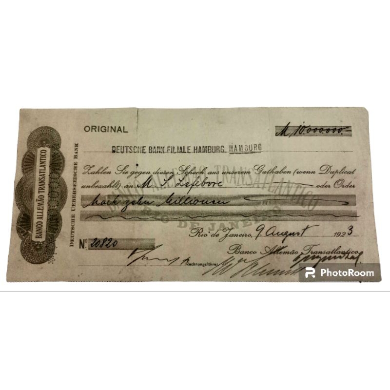 Cheque antigo 1923 banco Allemão Transatlântico valor de 10,000,0000 ...
