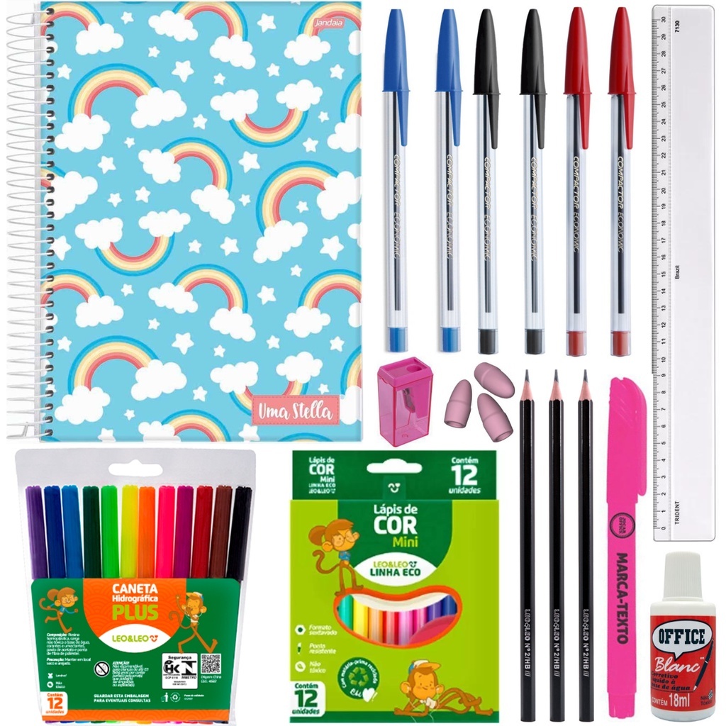 kit papelaria Material escolar com 15 itens canetas marca texto tesoura ...