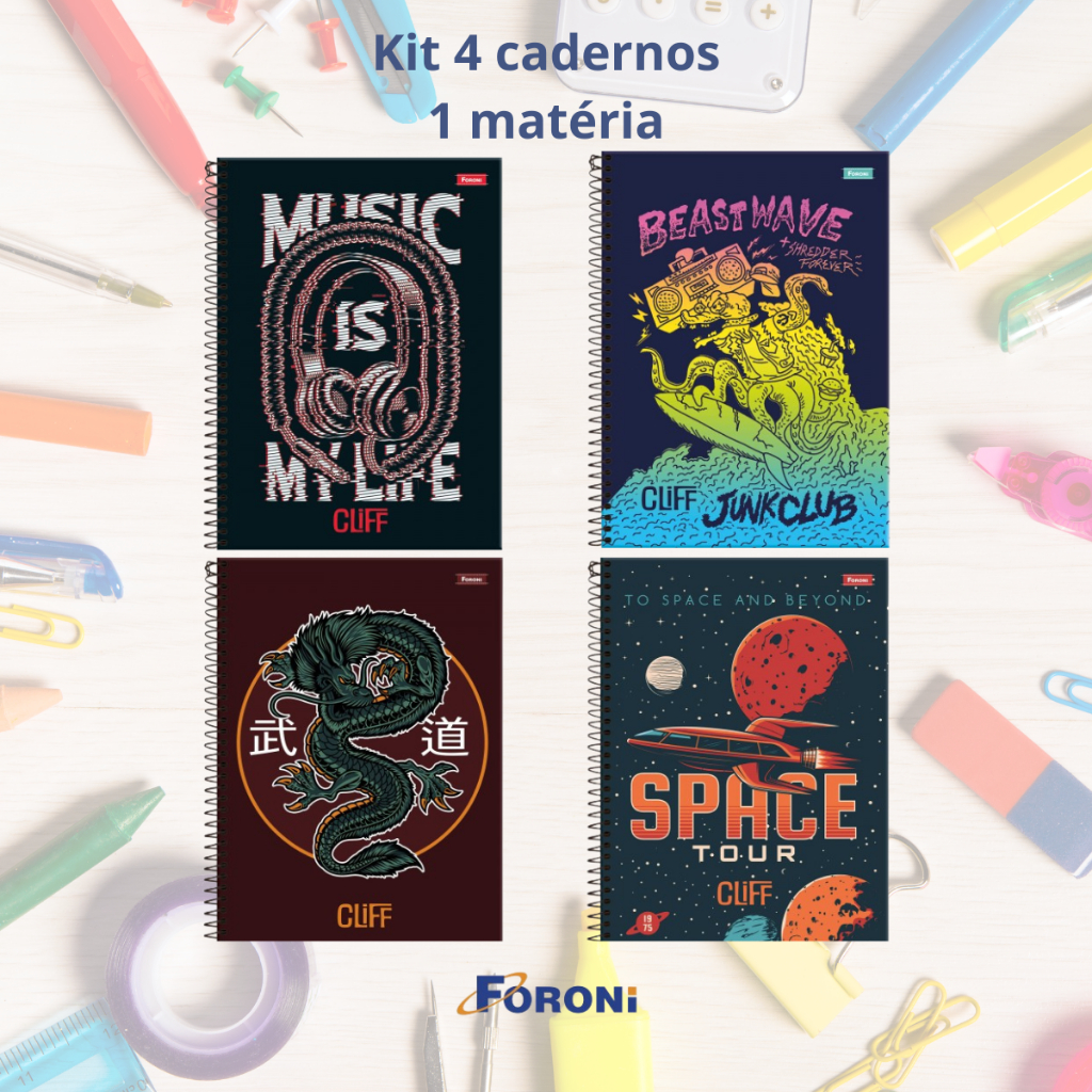 Kit 4 Cadernos Foroni Capa Dura Universitário 1 Matéria Cliff 80 Folhas ...