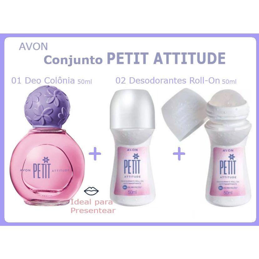 Conjunto Avon Petit Attitude Original (01 Deo Colonia 50ml + 02 Roll-On ...
