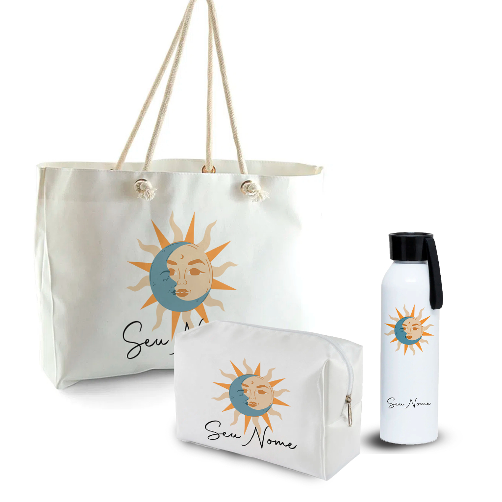 Kit Verão Personalizado com Bolsa de Praia, Necessaire e Garrafa Sol e Lua | Shopee Brasil
