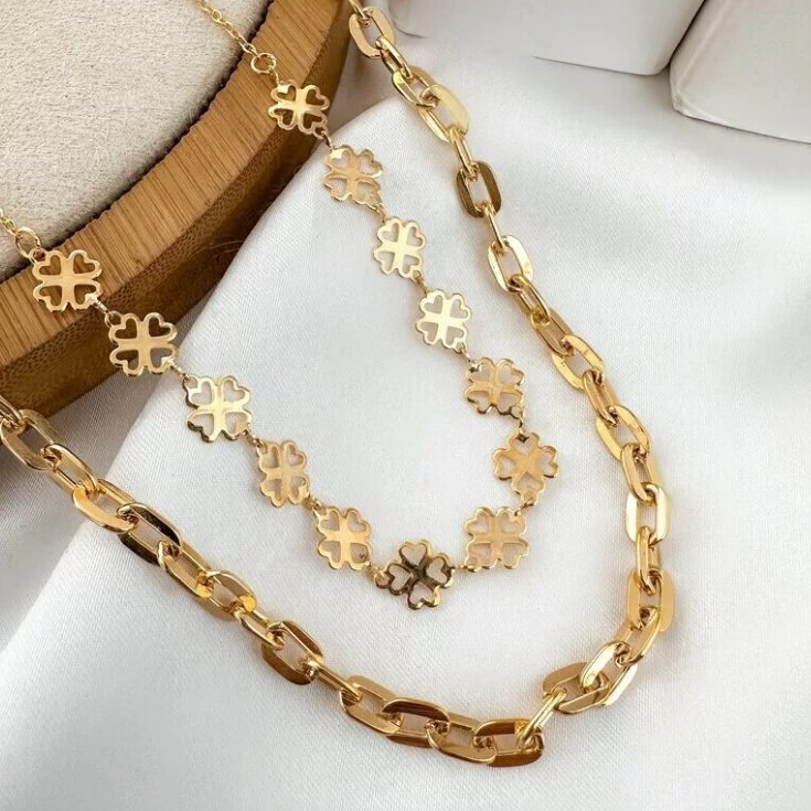 Colar Duplo Dois Fios Folheado A Ouro 18k Trevo | Shopee Brasil