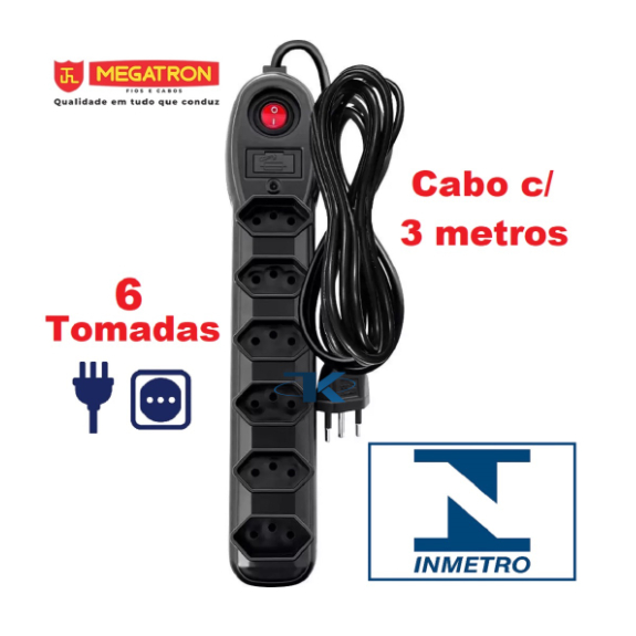 Filtro de linha / régua tripolar Megatron (INMETRO) - Bivolt 10A - 6 tomadas - Cabo 3 metros ...