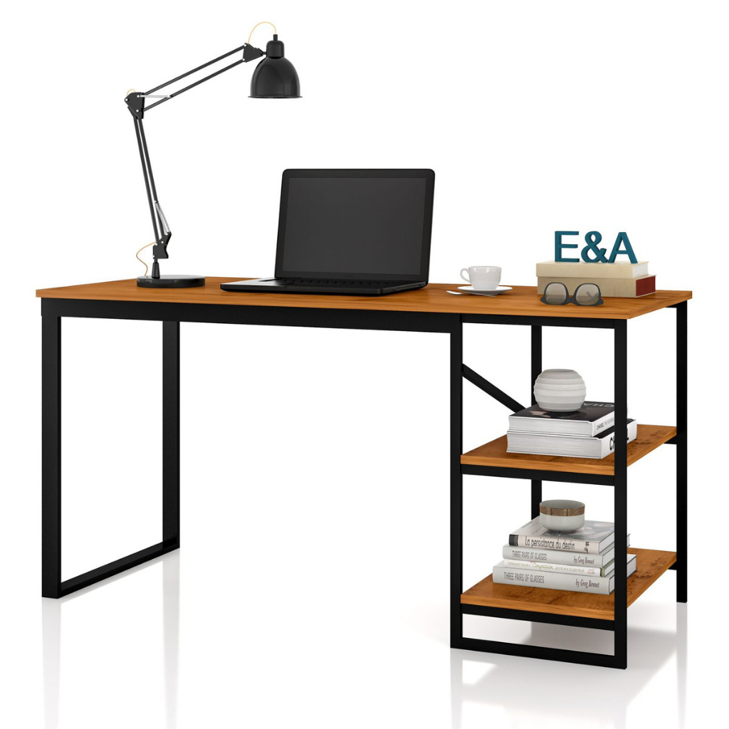 Mesa Home Office C/prateleiras De Metal E&A - Preto/Canela | Shopee Brasil