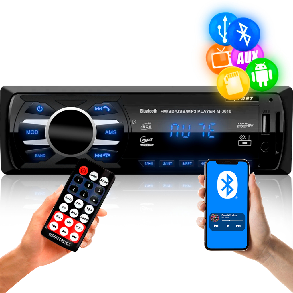 Rádio MP3 Som Automotivo Bluetooth Universal 1 Din LED Azul 2 USB Auxiliar Leitor Cartão SD 3010 ...