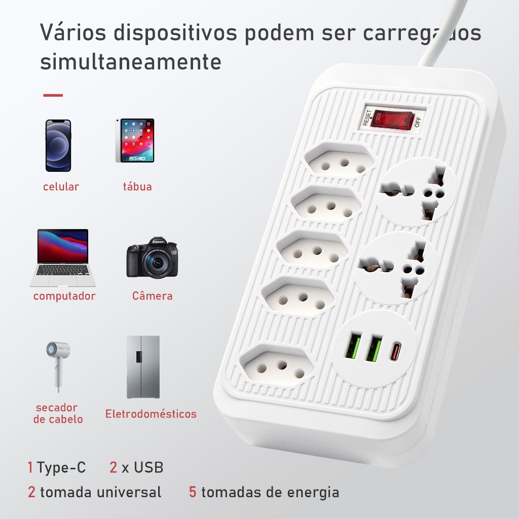 Extensão Régua de 5 Tomadas 2 Tomadas Universal 2 Porta USB 1 Tipo-C 1,90m Bivolt - A631 ...