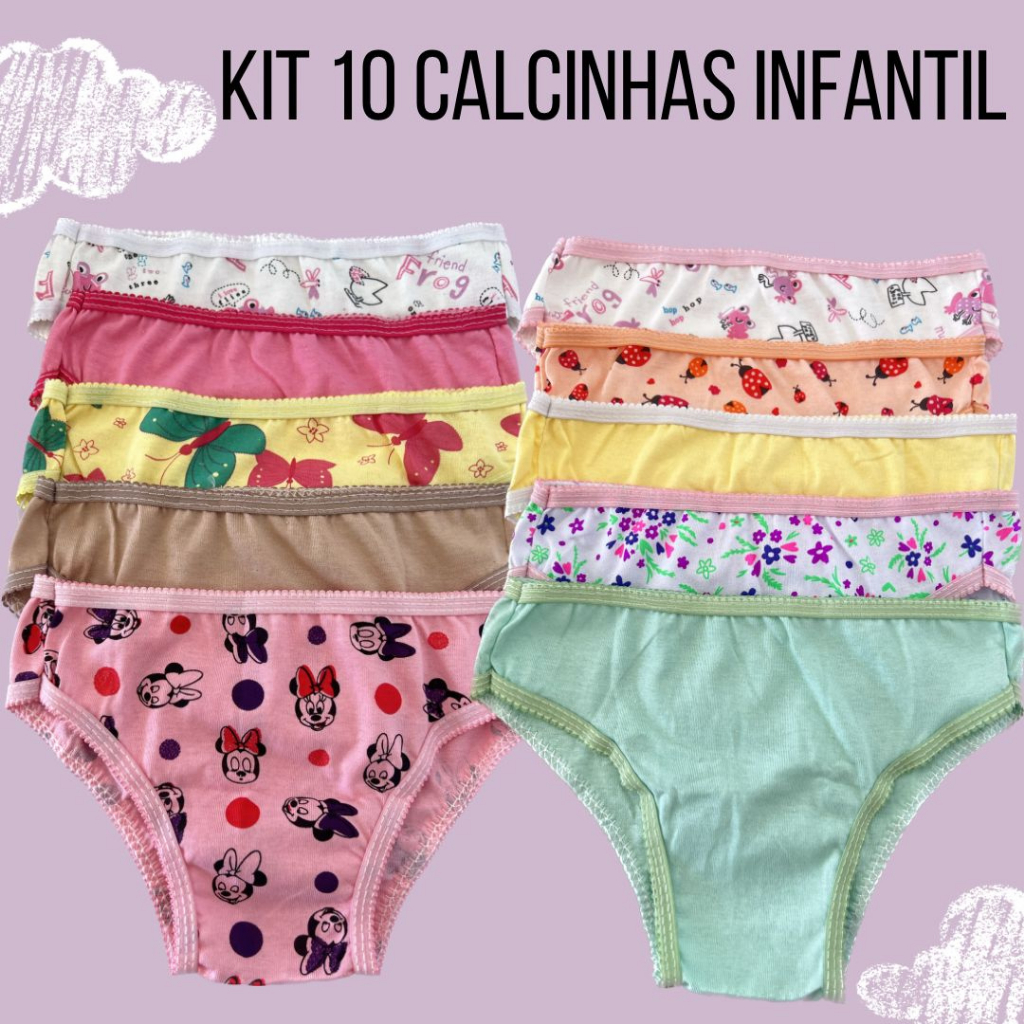 kit com 10 calcinha infantil 100% algodão tradicional cores sortidas ...