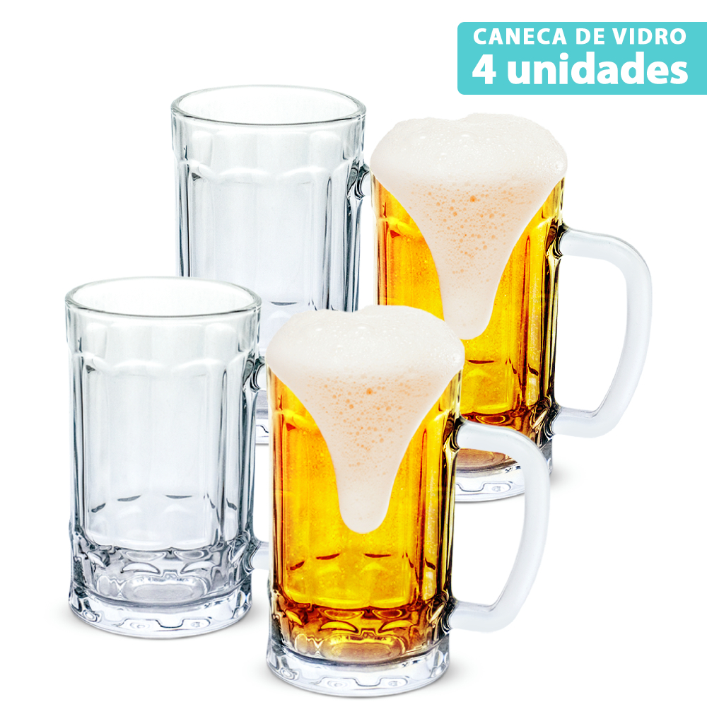 Kit 4X Unidades Caneca de Chopp Vidro 400 ml Conjunto Copo de Cerveja Canecas para Beber ...