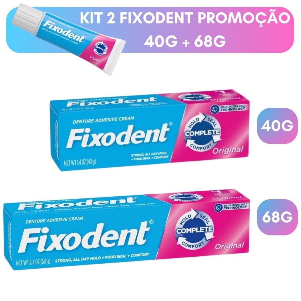 Kit C/2 Fixodent 68g + Fixodent 40g Creme Dental Fixador De Dentadura ...