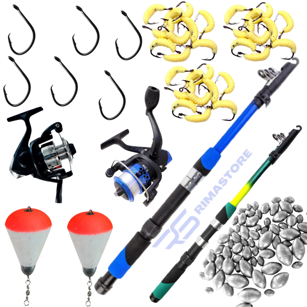 Kit Pescaria Vara de Pesca Telescópica 1.70M + Molinete com Linha mais Kit Anzóis Conjunto Vara ...