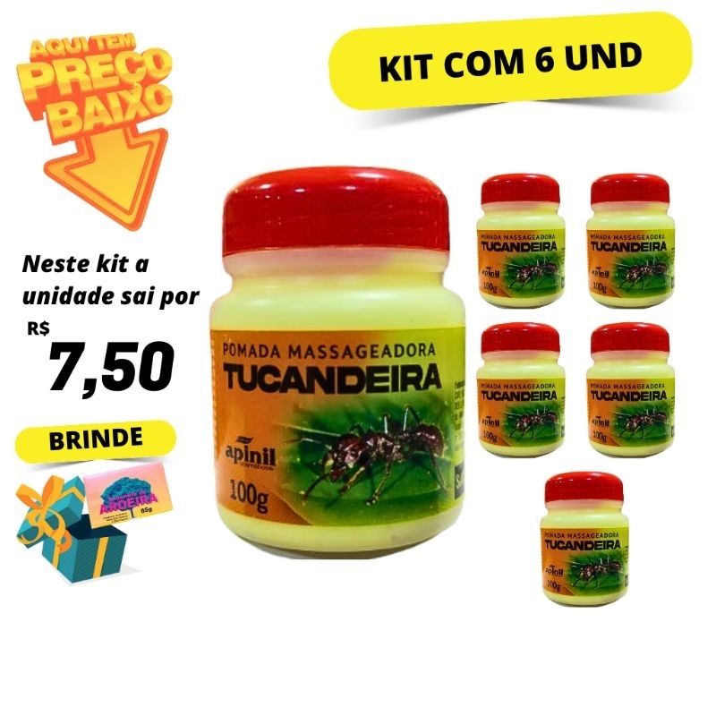 Kit com 6 Pomada Massageadora Tucandeira Apinil 100g | Shopee Brasil