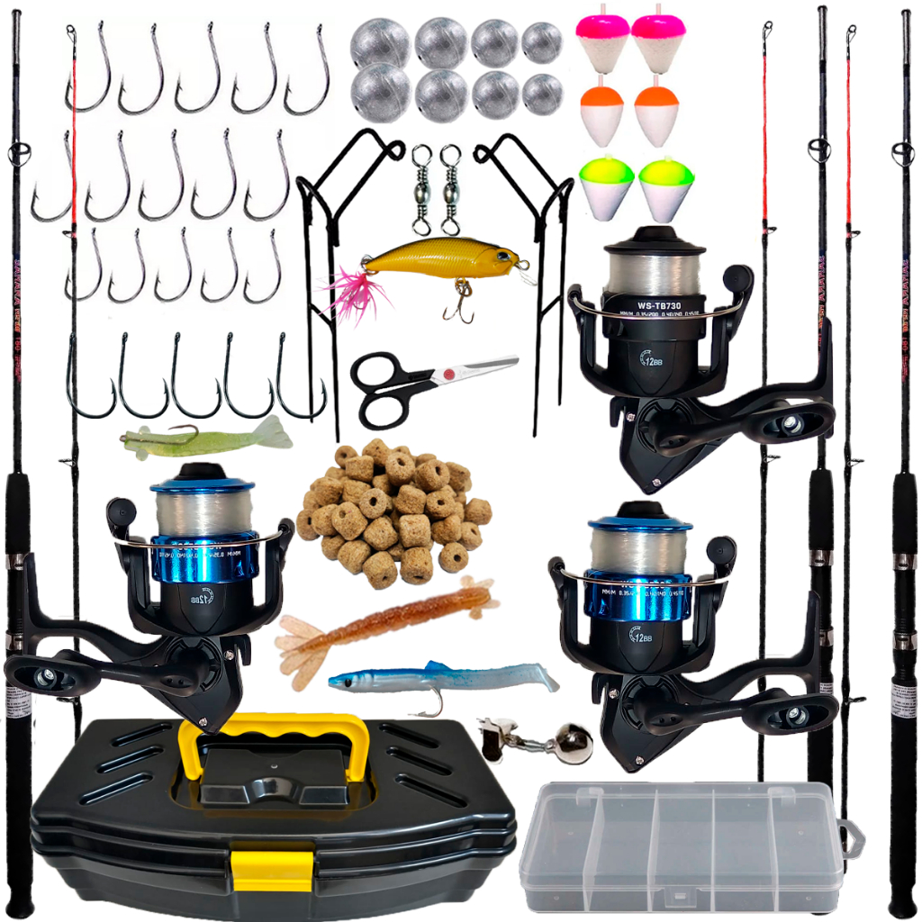 Kit De Pesca Completo 20kg C/ 3 Varas + 3 Molinetes Maleta de Pescaria ...