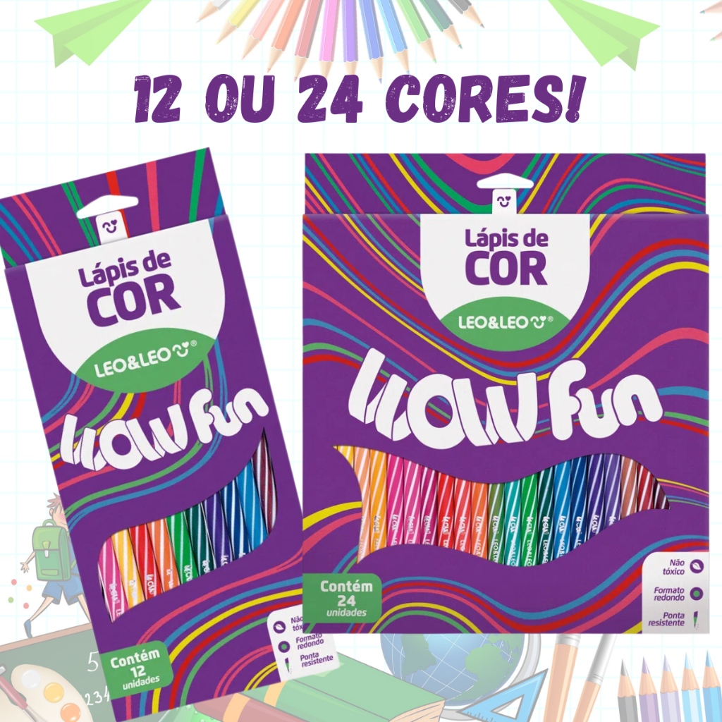 Lápis de Cor Escolar 24 ou 12 Cores Wow Fun Ponta Resistente Formato ...