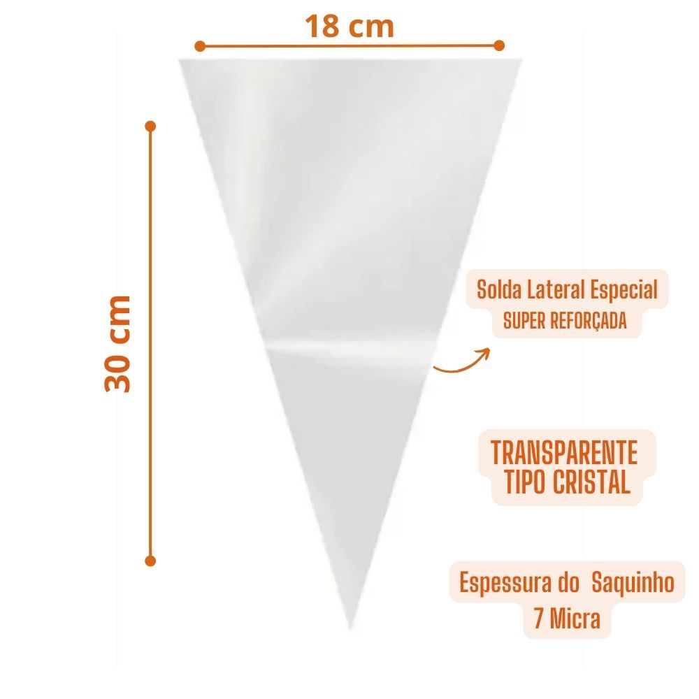 Saco Cone Transparente 18x30 com 100un Saquinho Cristal Incolor Doces Trufado Lembrancinha ...