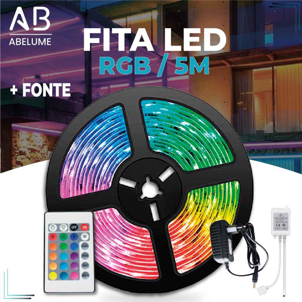 Fita LED 5050 Super Led Ultra RGB 5M 12v 300 Leds | Fita + Controle + Fonte | 16 Cores IP20 ...