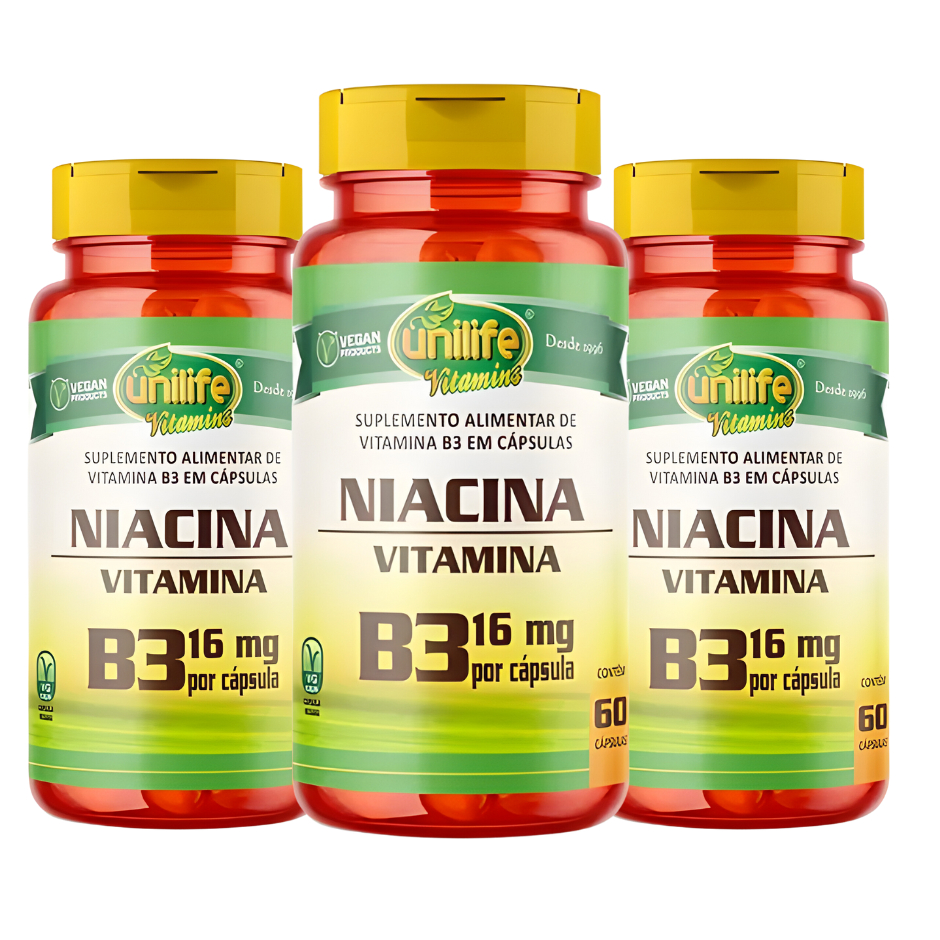KIT C/3 Vitamina B3 Niacina 500mg Puro 60 Cápsulas Vegana - Unilife | Shopee Brasil