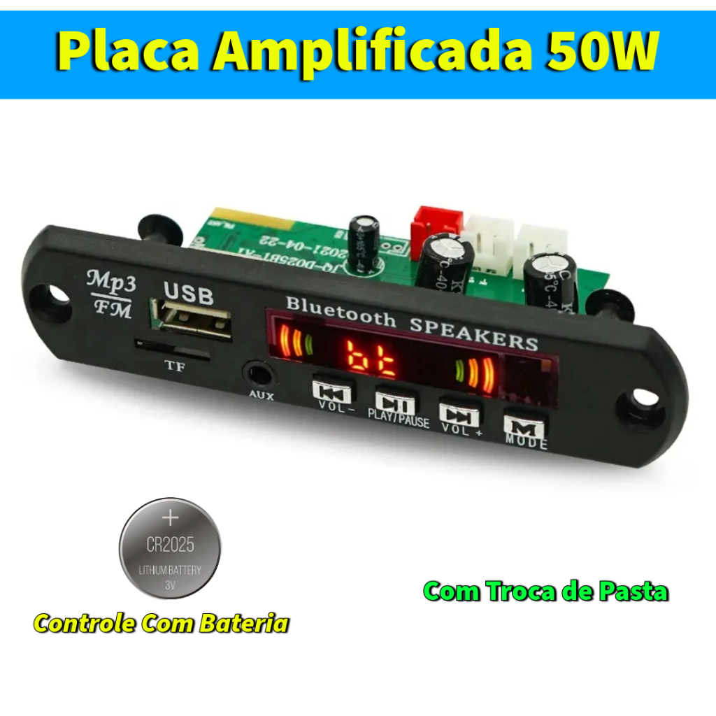 Placa Decodificadora Amplificada 50W 2x25W 12 V MP3 Bluetooth 5.0 ...