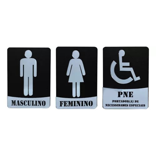 Kit Placas Indicativa Banheiro Sinalização WC Masculino Feminino e PCD ...