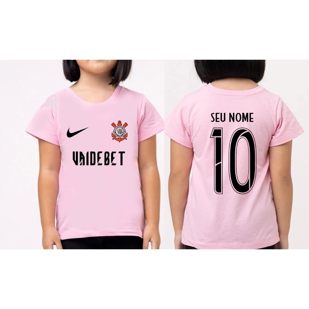 camiseta Corinthians Rosa Infantil Personalizada com nome 24/25 ...