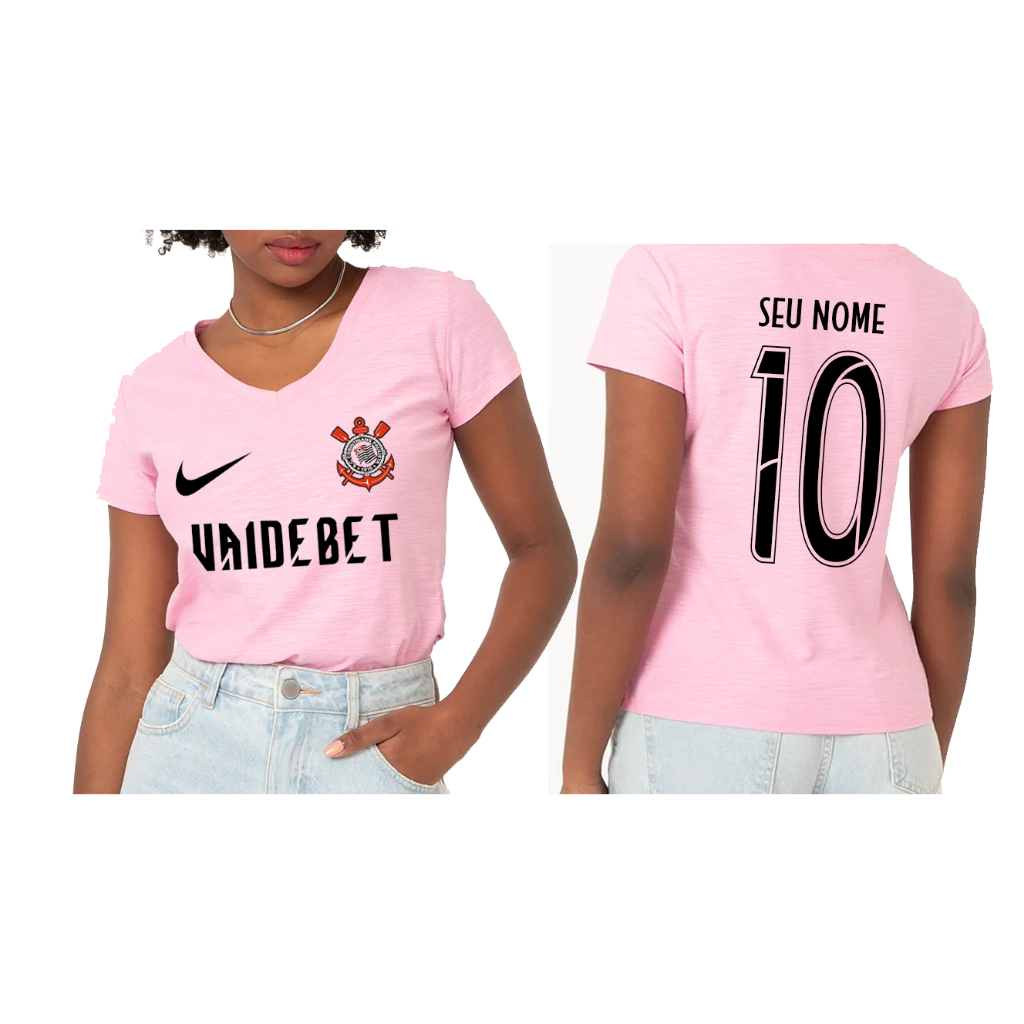 Baby Look Rosa Corinthians Feminino Personalizada com nome 24/25 ...