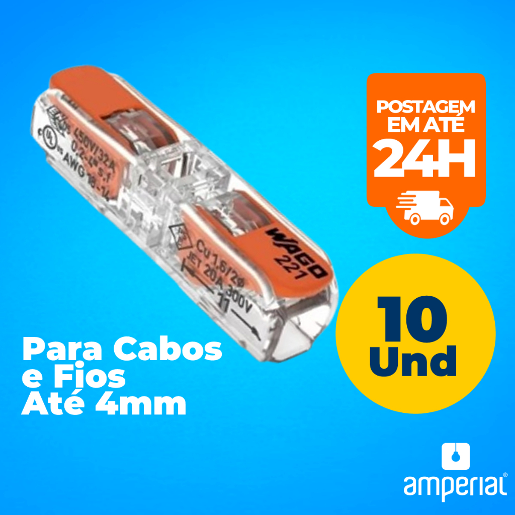 Kit 10 Conectores para Fios Terminal Wago Inline Original 2 Pólos 221 ...