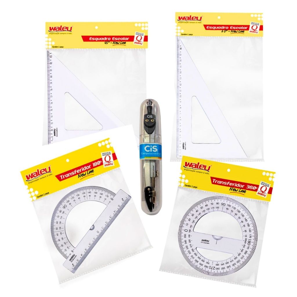 Kit Transferidor Esquadro e Compasso 5 Peças Escolar Uso Matemática ...