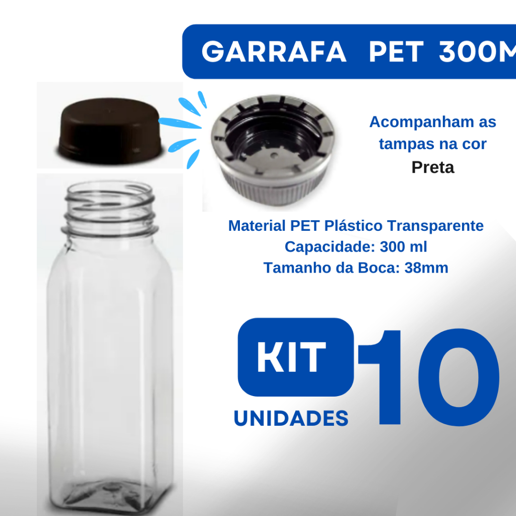 Garrafa Plástica PET 300ml c/10 Transparente Quadrada Tampa Preta para Sucos, Detox, Chocolate ...