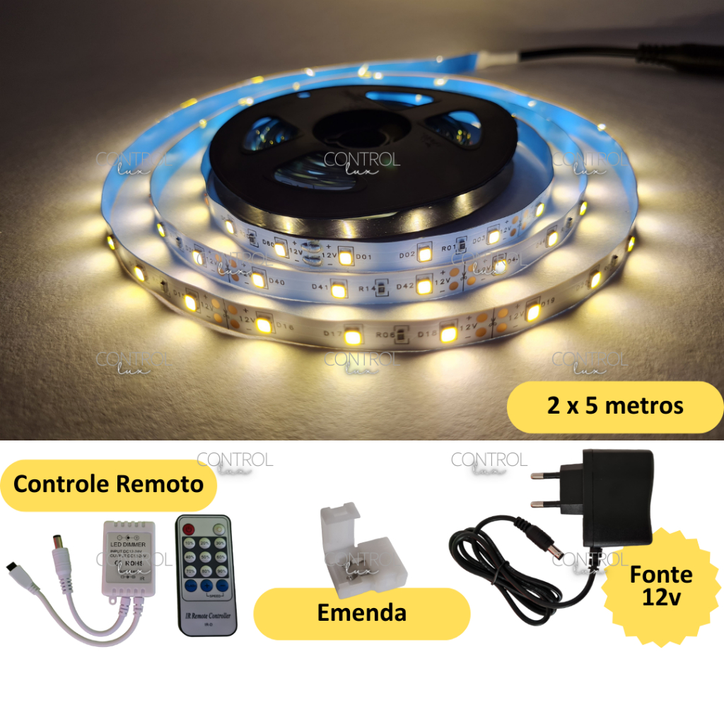 10 Metros Fita LED 3528 + IR Dimmer + Fonte 12v _ 2 Fitas 5 Metros Cada ...
