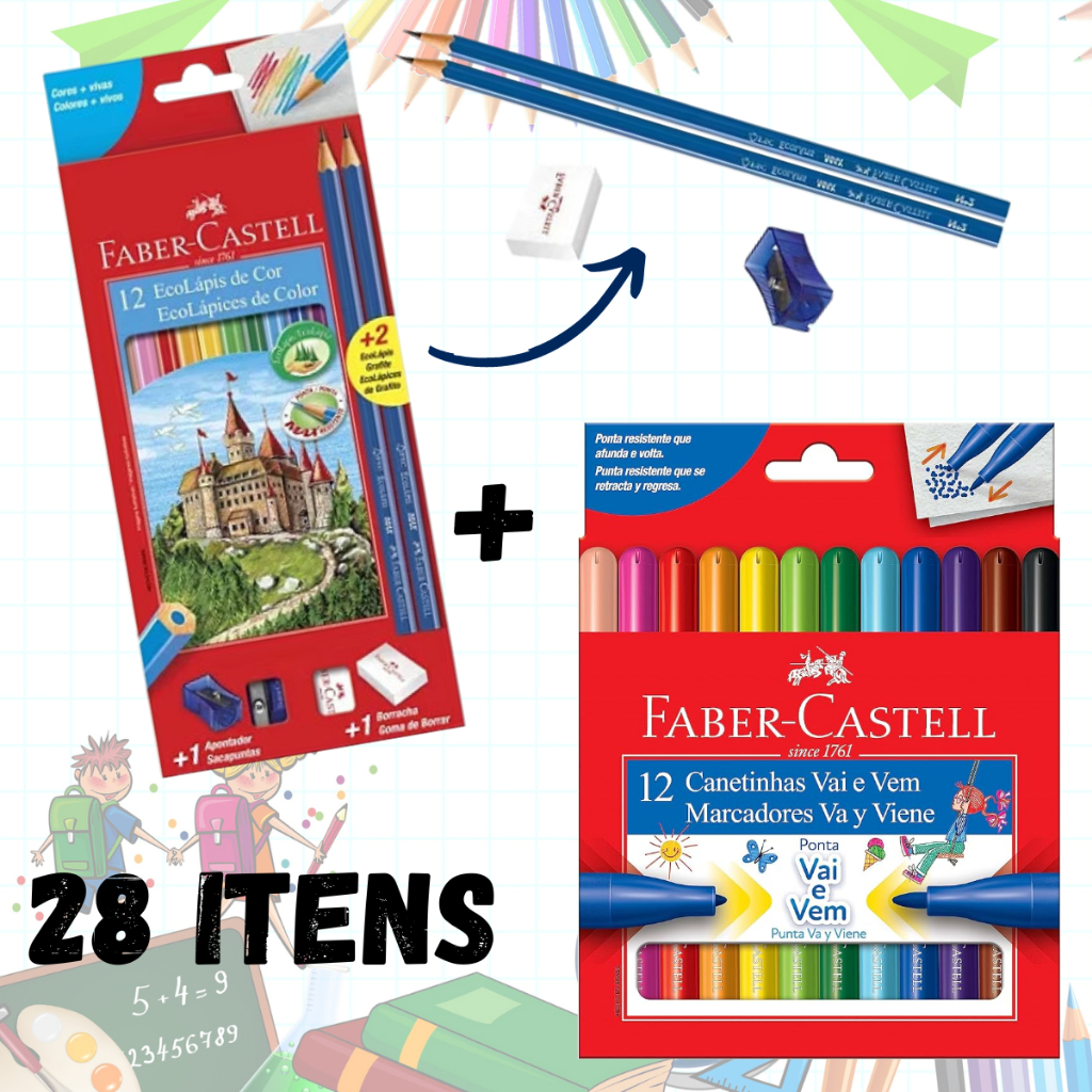 Kit Faber Castell 28 Itens 12 Lápis de Cor + 12 Canetinhas + 01 ...
