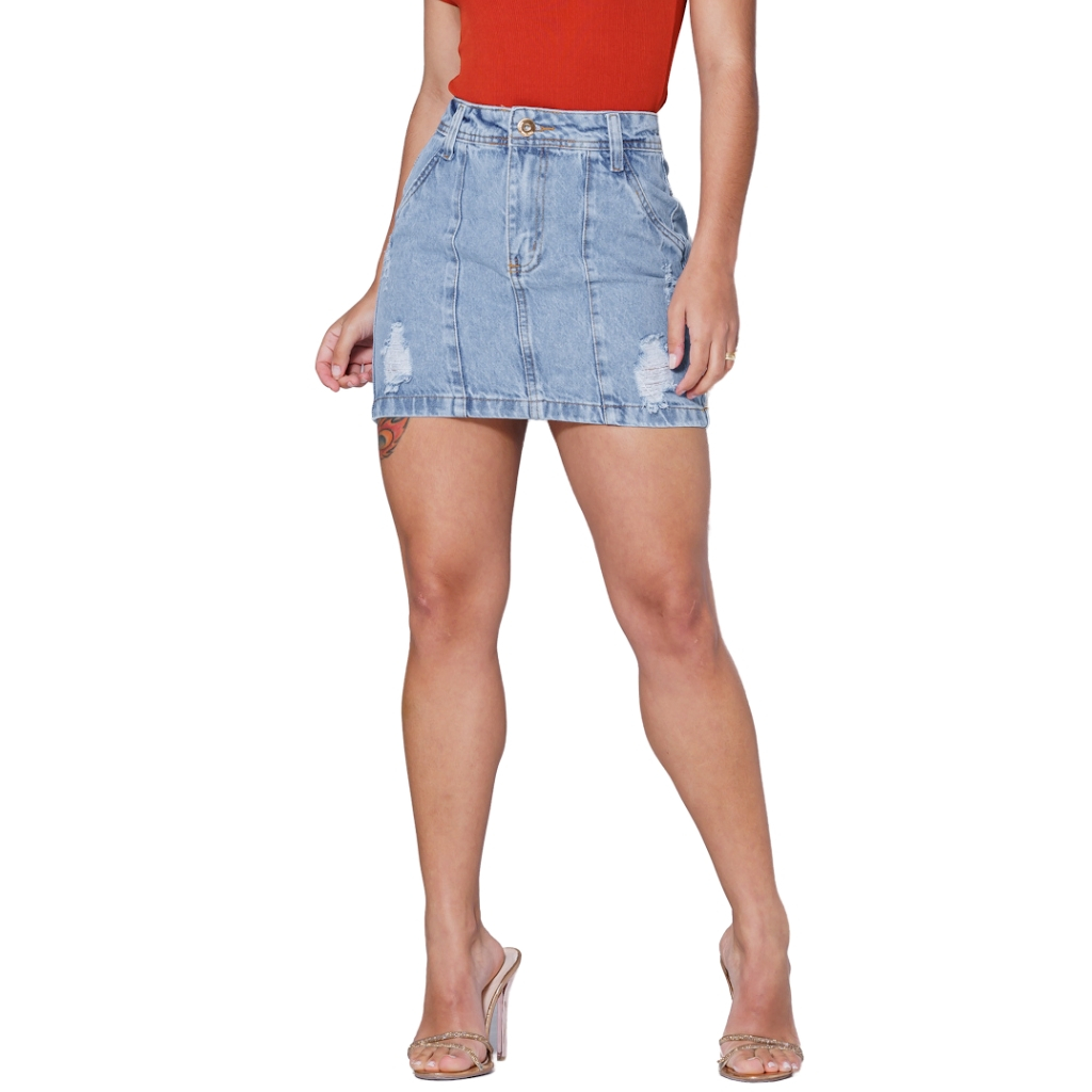 Saia Jeans Marmorizada Cintura Alta com Destroyed Tendência Blogueira ...