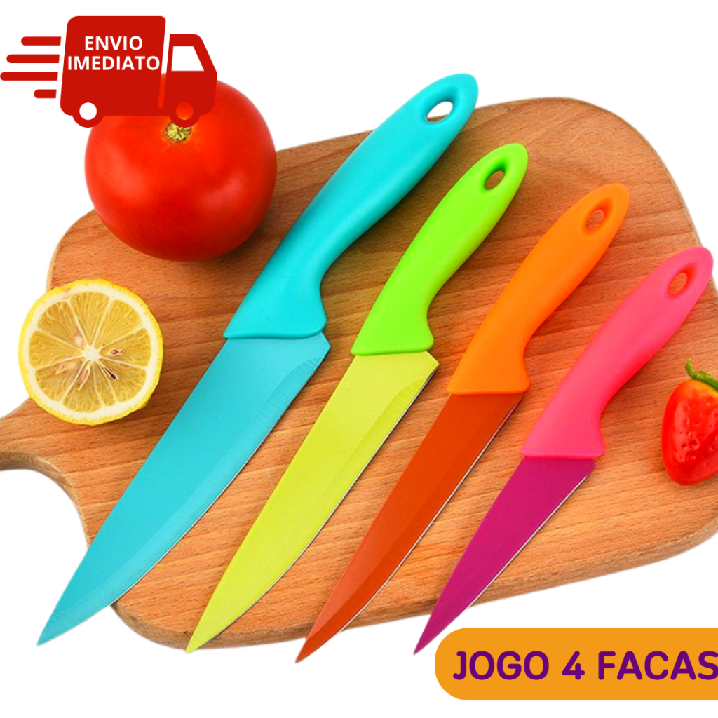 Jogo de Facas Coloridas de Aço Inox Kit 4 Peças Para Cozinha Utensílios ...