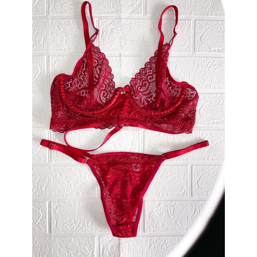 Conjunto Calcinha Fio Dental De Renda Com Sutiã De Renda Sem Bojo Com