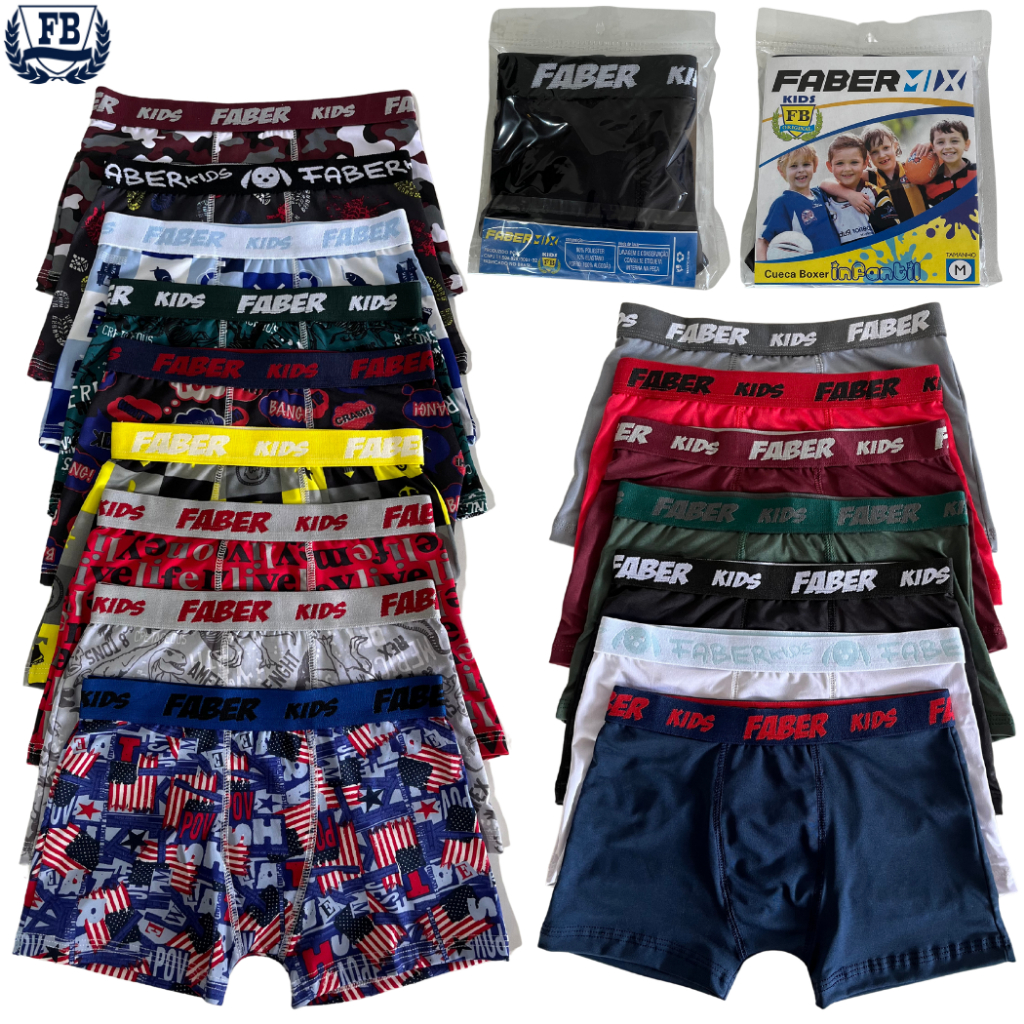 Kit 10 Cuecas Box Boxer Infantil Microfibra Menino Criança Cueca Faber ...