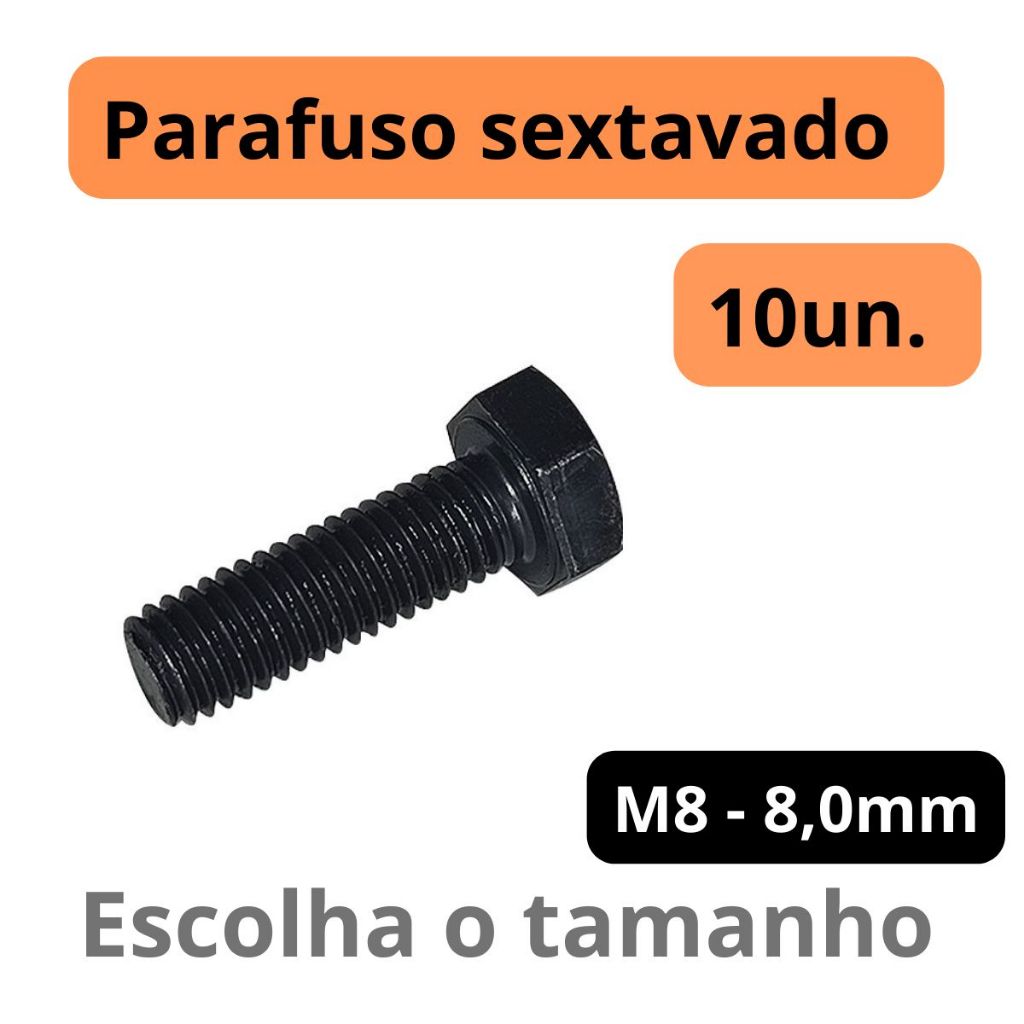 PARAFUSO SEXTAVADO M8 8MM ROSCA INTEIRA AÇO 8.8 KIT 10 UNIDADES ...