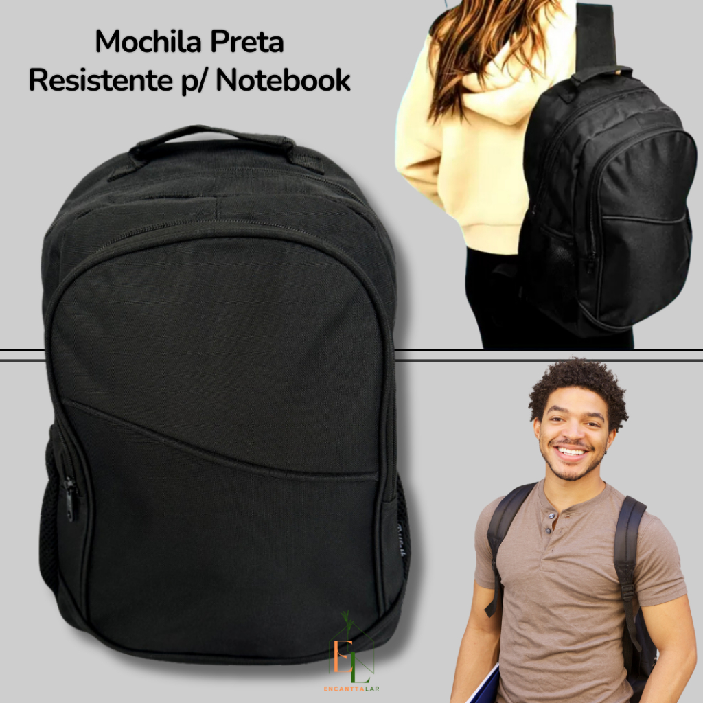 Mochila Preta Divisória para Notebook Resistente All Black Simples ...