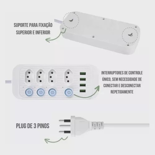 Filtro de Linha Régua com 3/4 Tomadas e 4 USB Extensão Elétrica C/ Cabo de 2 Metros 4 ...