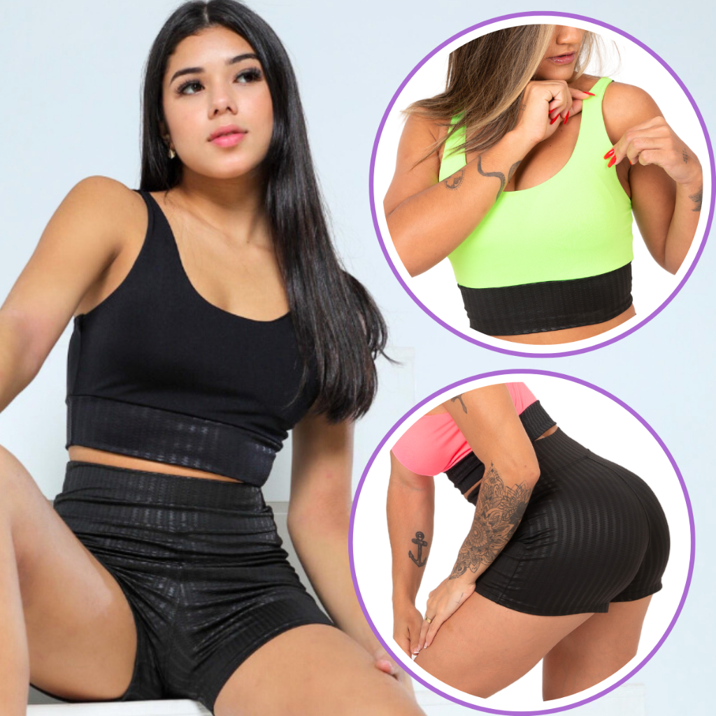 Conjunto Bumbum 3D Academia Top e Short Fitness Cintura Alta Suplex | Shopee Brasil