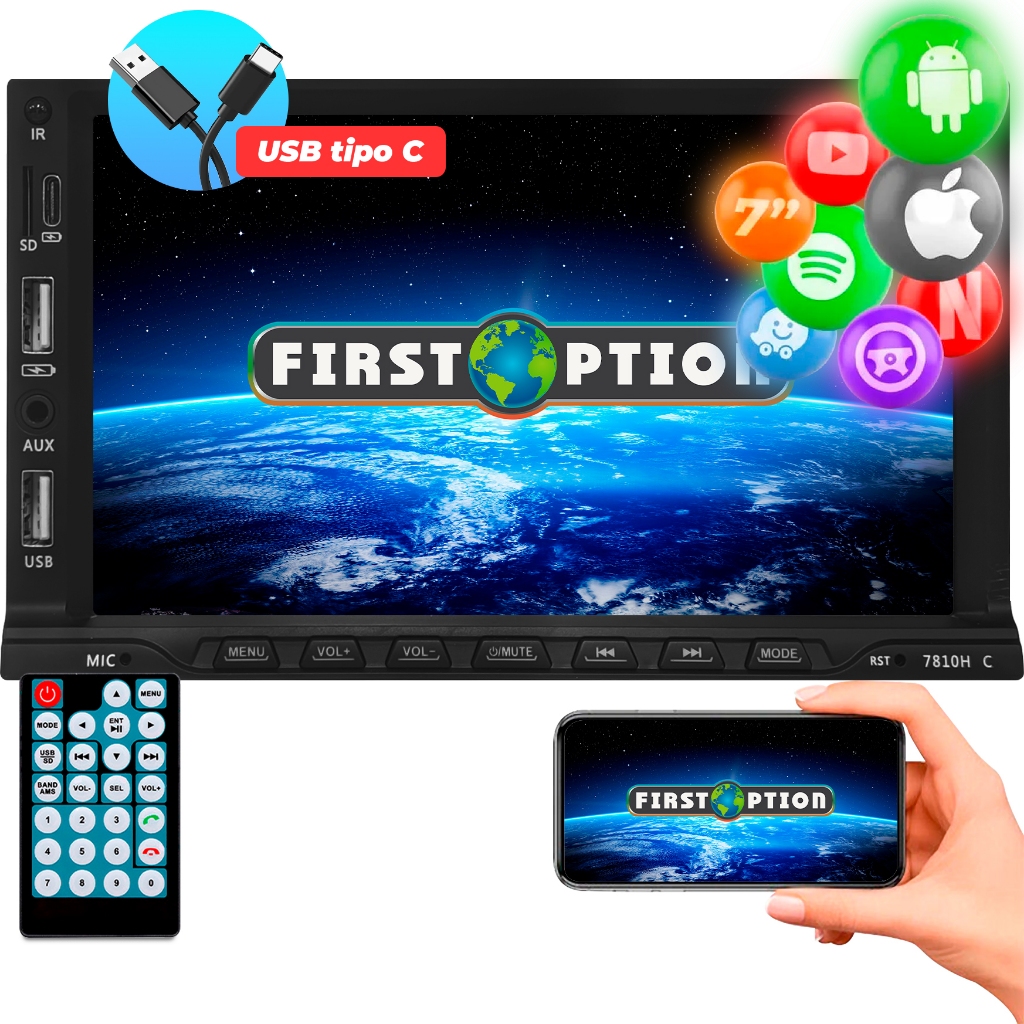 Central Multimídia USB Tipo C Universal 2 Din Bluetooth Espelha Android & IOS Auxiliar e SD ...