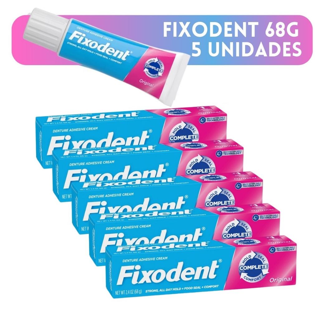 Kit 5 Fixodent 68g Creme Dental Fixador De Dentadura Prótese 100% ...