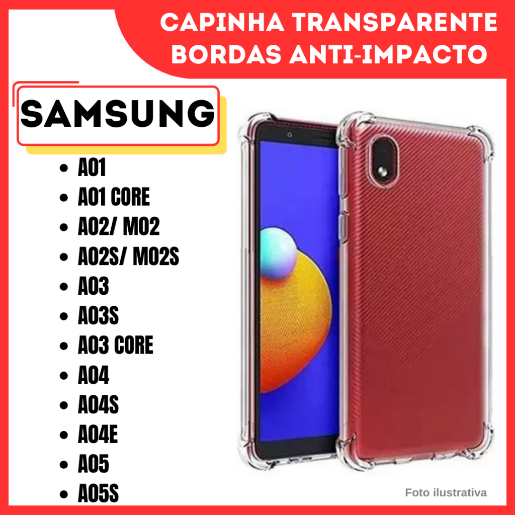 Capa Transparente Anti Impacto Samsung A01/ A01 Core/ A02/ A02S/ A03/ A03s/ A03 Core/ A04/ A04s ...