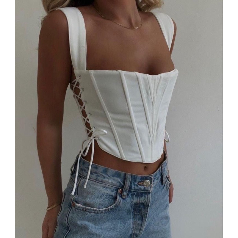 Corset Beatriz/ Cropped com Barbatanas/ Amarração Lateral/ Corpete ...