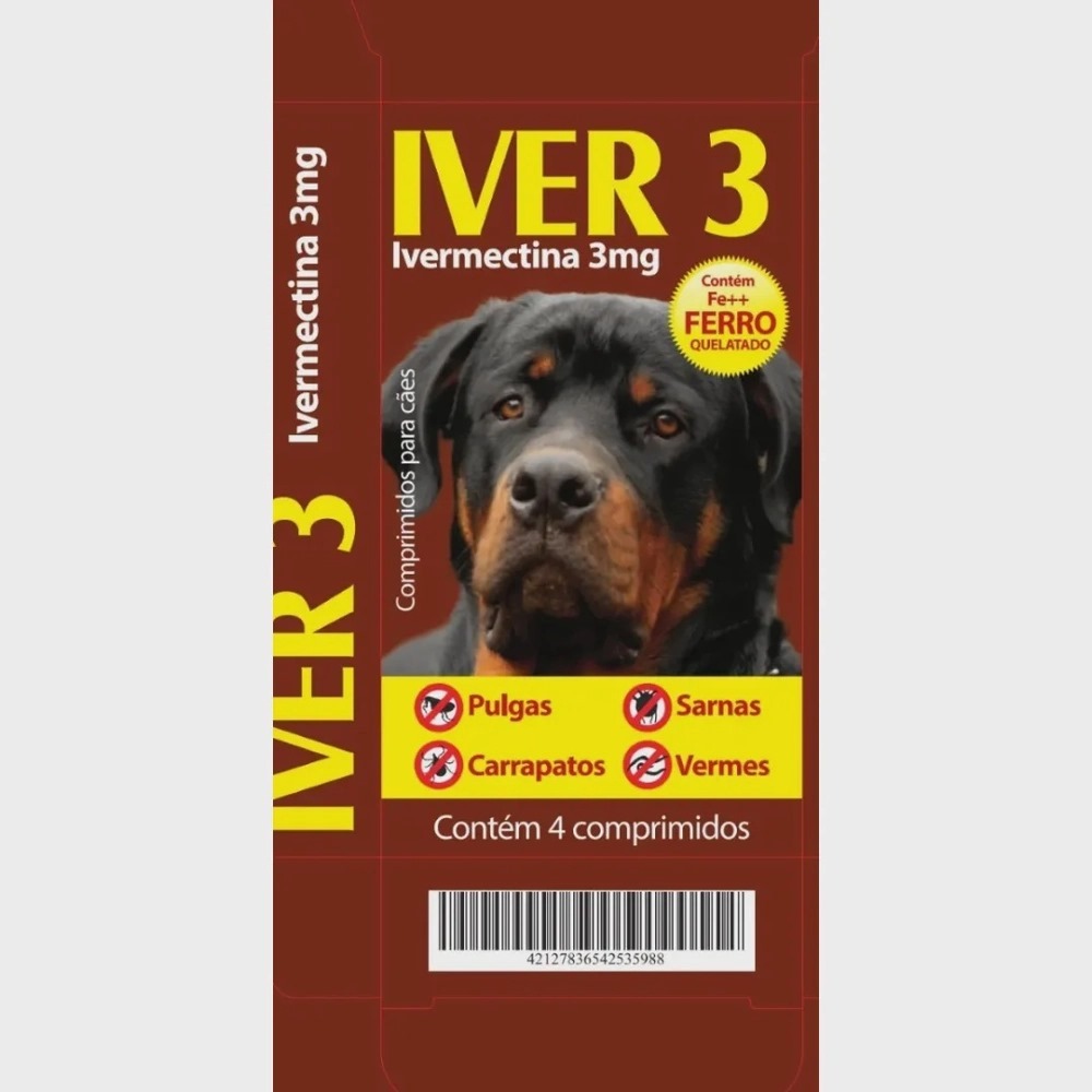 Iver 3 Ivermectina 3mg para Cães de 5 a 15kg Contra Vermes, Pulgas ...