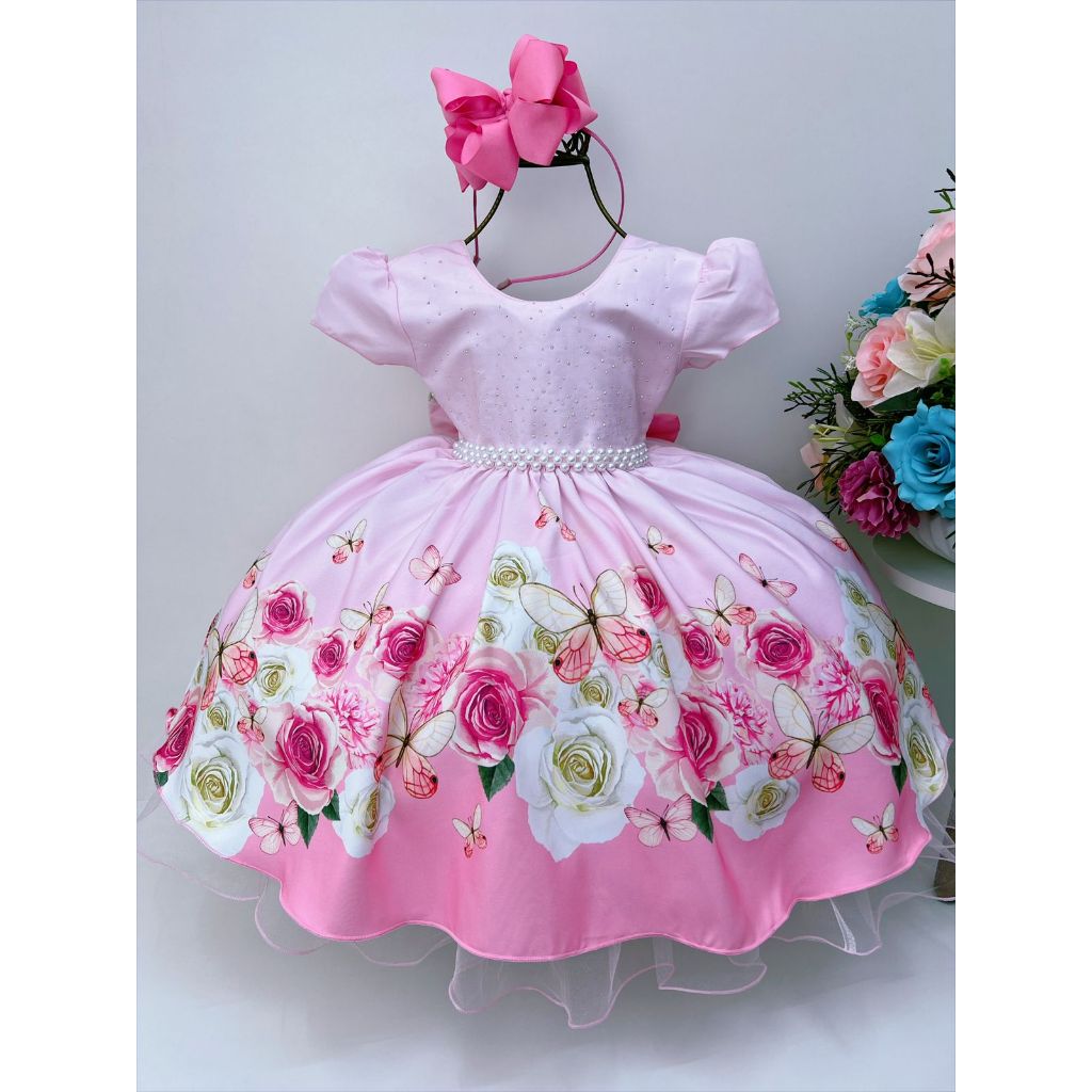 Vestido Infantil Rosa Brilho Cinto de Pérolas Jardim Floresta Bosque ...