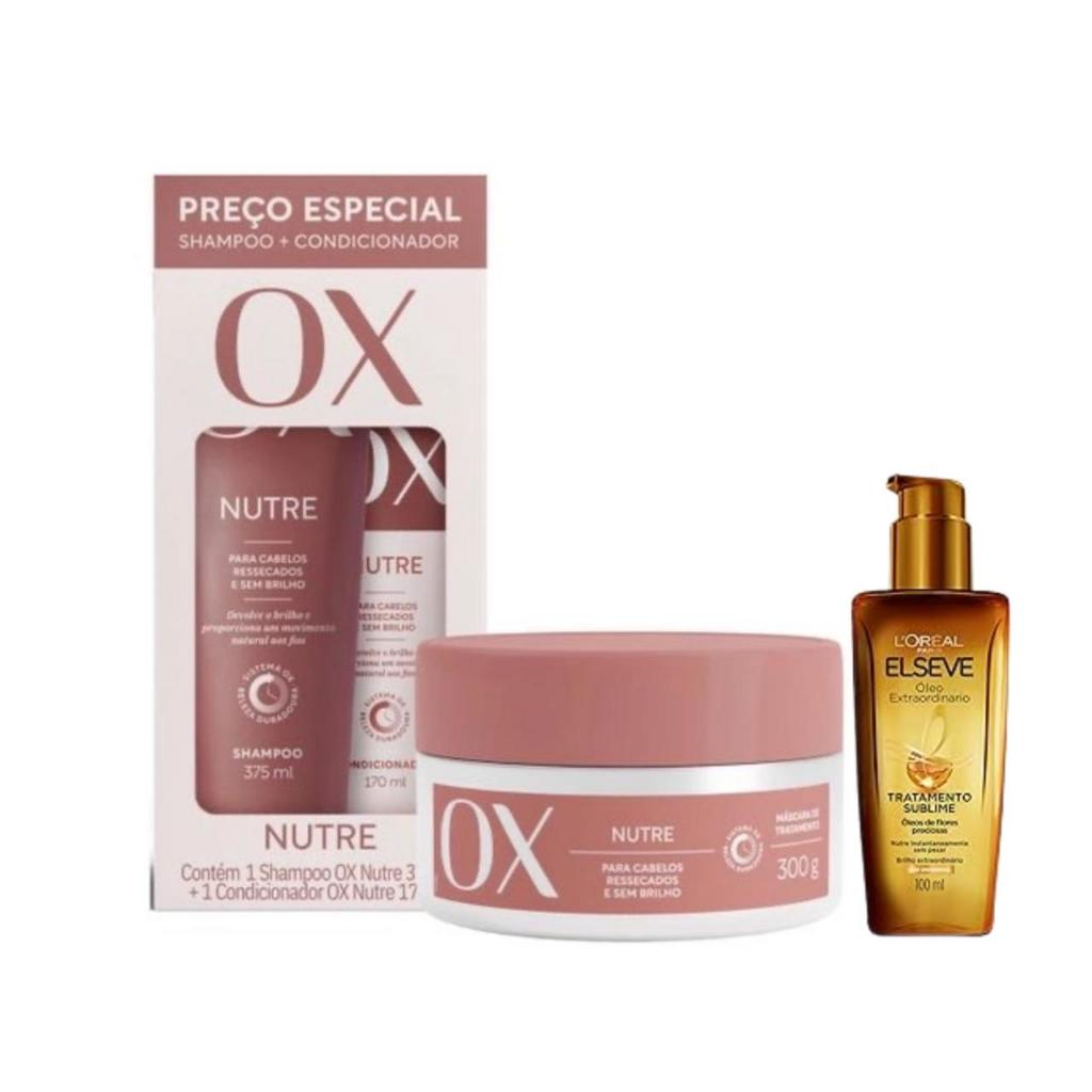 Kit OX Nutre Shampoo 375ml e Condicionador 170ml + Cr Trat 300g + Óleo ...