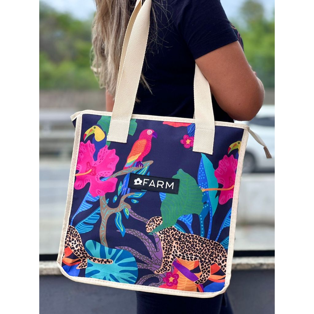 Bolsa Feminina Farm Sacola Alça Branca Ecológica Forro Preto Estampada ...