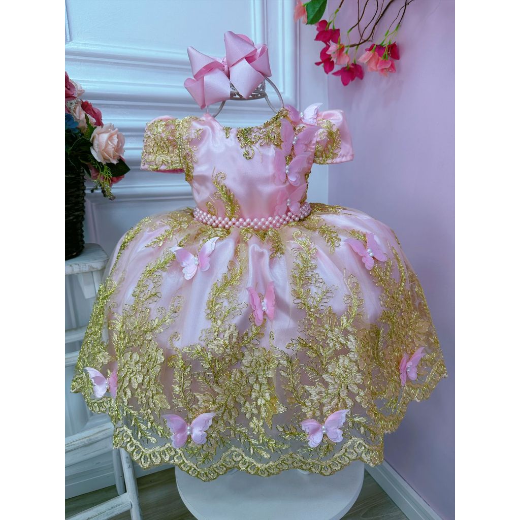 Vestido Infantil Princesa Aurora Rosa Dourado Jardim Floresta Bosque ...