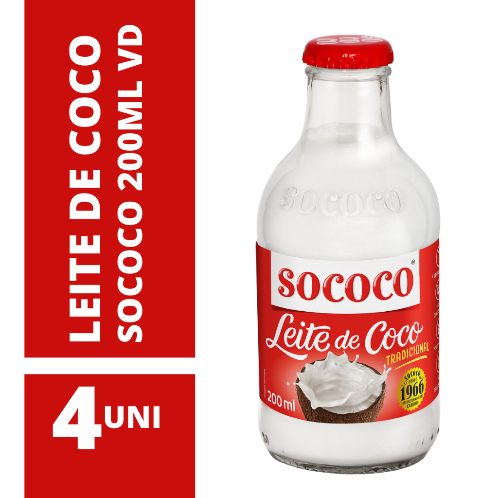 Leite De Coco Tradicional Vidro - Sococo 200ml 4 Unidades | Shopee Brasil
