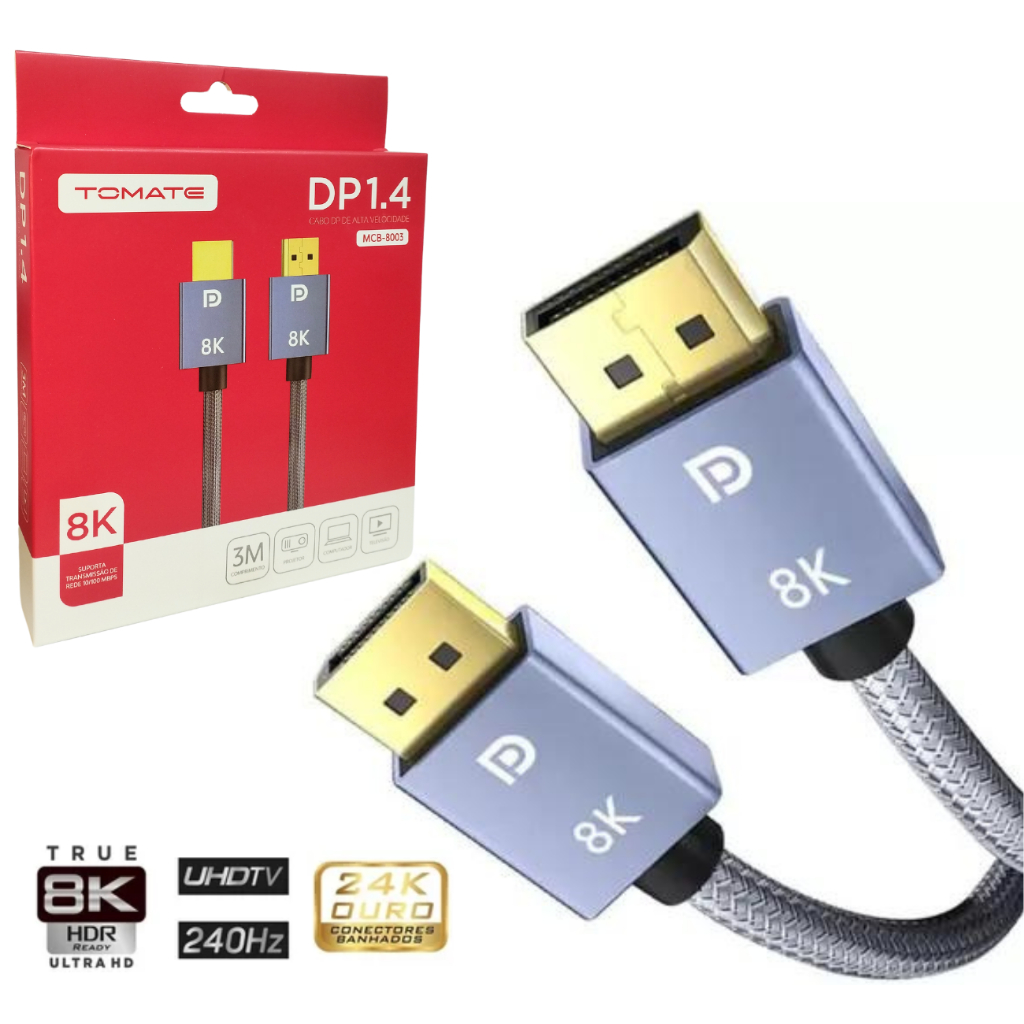 Cabo Displayport 1.4 8k 4k Hdr Blindado 2k 240hz 3 Metros ou 1,5m ...