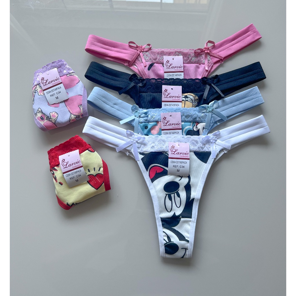 Kit 3 calcinhas com renda elastico na lateral estampada lingerie ...