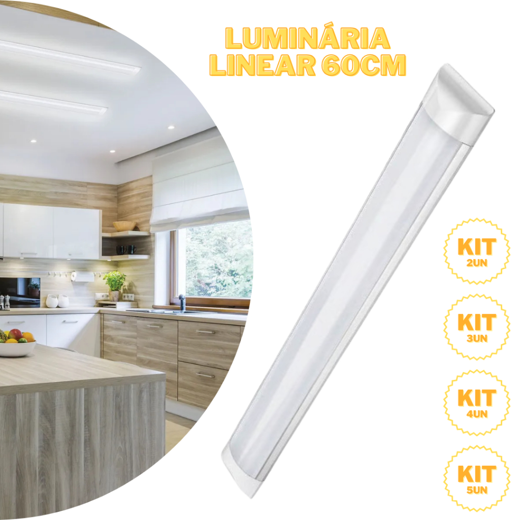 Kit Luminária Led Calha 18W Linear 60CM Branco Frio 6500k Sobrepor ...